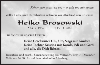 Traueranzeigen von Heiko Brosowski | trauer.nn.de