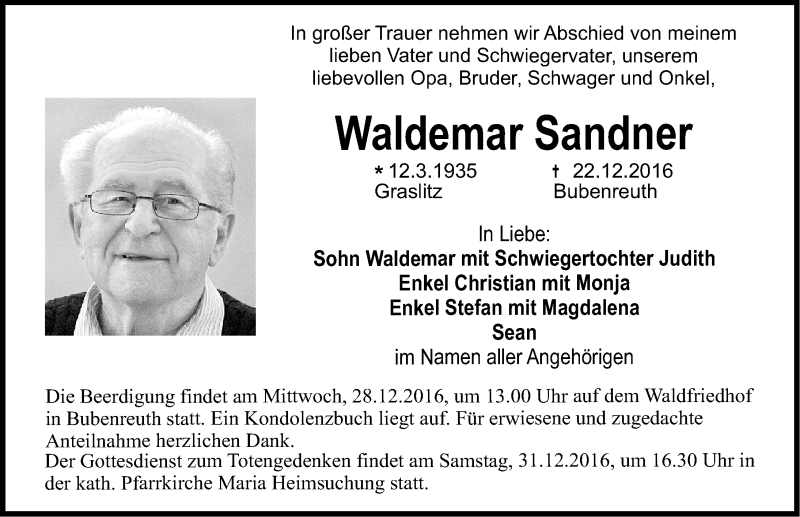 Traueranzeigen von Waldemar Sandner | trauer.nn.de