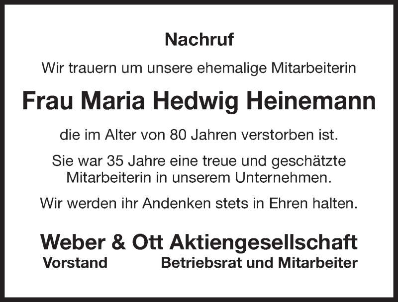 Traueranzeigen von Maria Hedwig Heinemann | trauer.nn.de