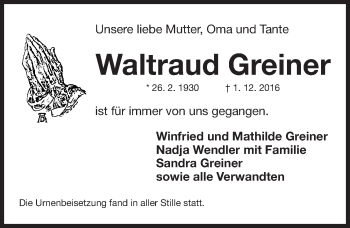 Traueranzeigen von Waltraud Greiner | trauer.nn.de