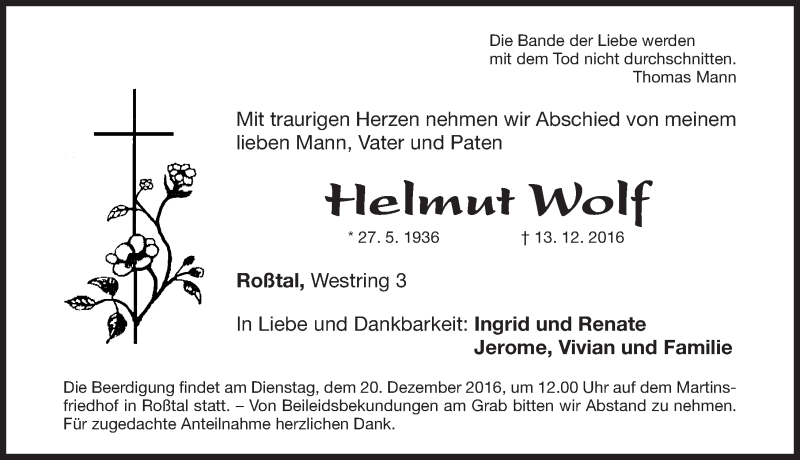 Traueranzeigen von Helmut Wolf | trauer.nn.de