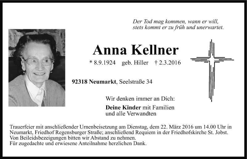 Traueranzeigen von Anna Kellner | trauer.nn.de
