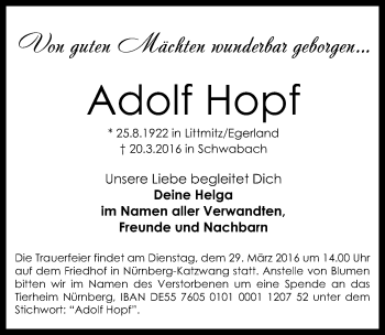 Traueranzeigen von Adolf Hopf | trauer.nn.de