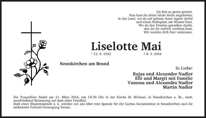 Traueranzeigen von Liselotte Mai | trauer.nn.de