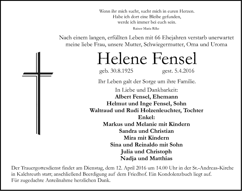 Traueranzeigen von Helene Fensel | trauer.nn.de