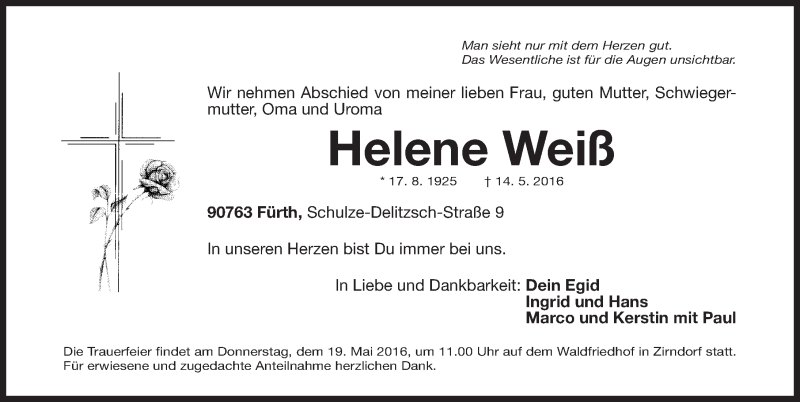 Traueranzeigen von Helene Weiß | trauer.nn.de