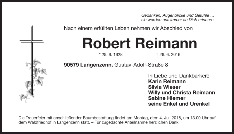 Traueranzeigen von Robert Reimann | trauer.nn.de
