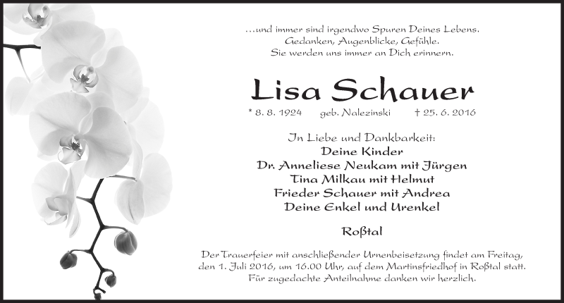 Traueranzeigen von Lisa Schauer | trauer.nn.de