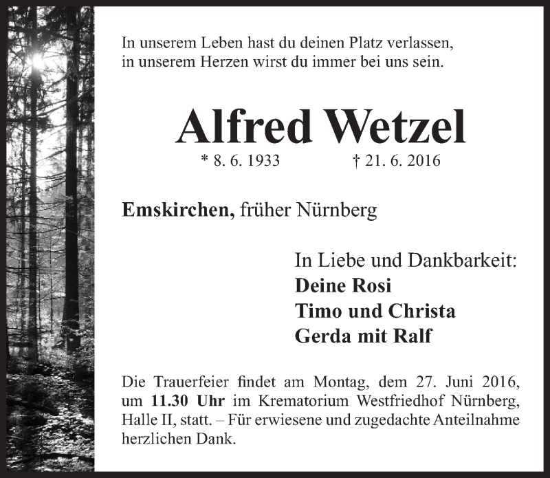 Traueranzeigen von Alfred Wetzel | trauer.nn.de