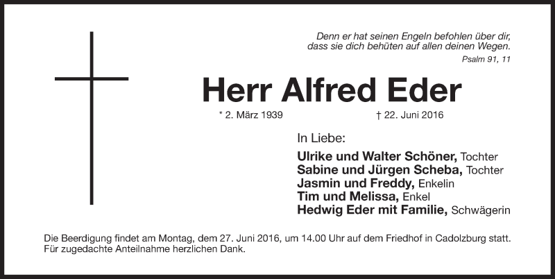 Traueranzeigen von Alfred Eder | trauer.nn.de