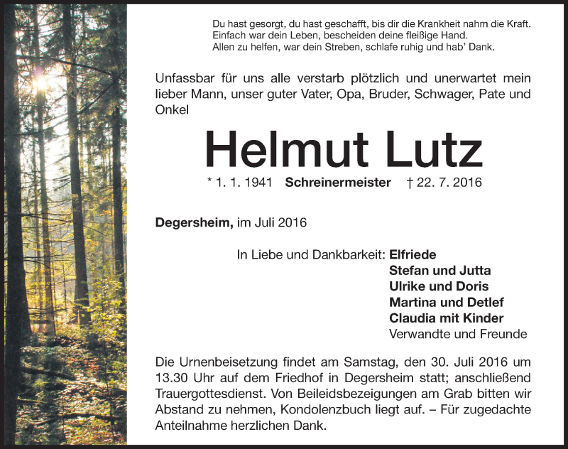 Traueranzeigen von Helmut Lutz | trauer.nn.de