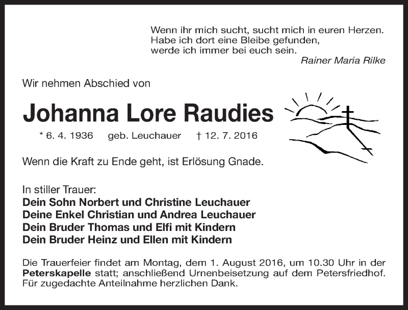 Traueranzeigen von Johanna Lore Raudies | trauer.nn.de