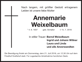 Traueranzeigen von Annemarie Weixelbaum | trauer.nn.de
