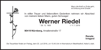 Traueranzeigen von Werner Riedel | trauer.nn.de