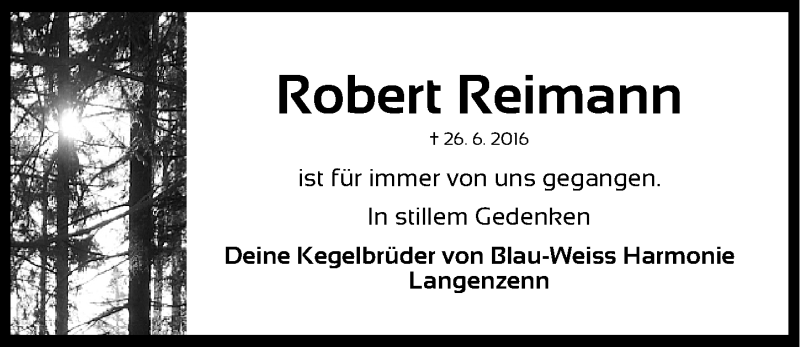 Traueranzeigen von Robert Reimann | trauer.nn.de
