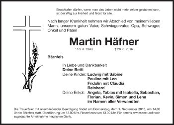 Traueranzeigen von Martin Häfner | trauer.nn.de