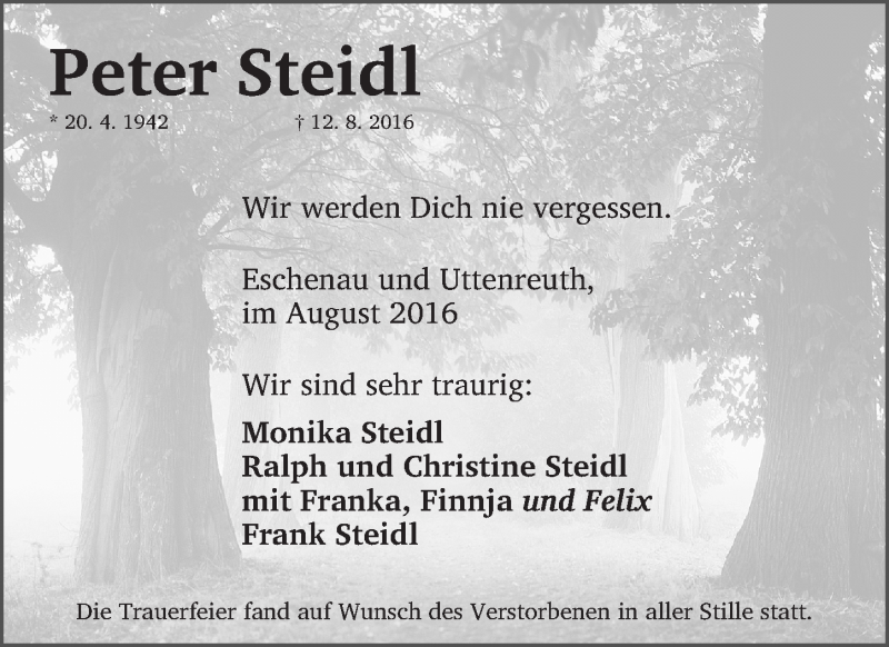 Traueranzeigen von Peter Steidl | trauer.nn.de