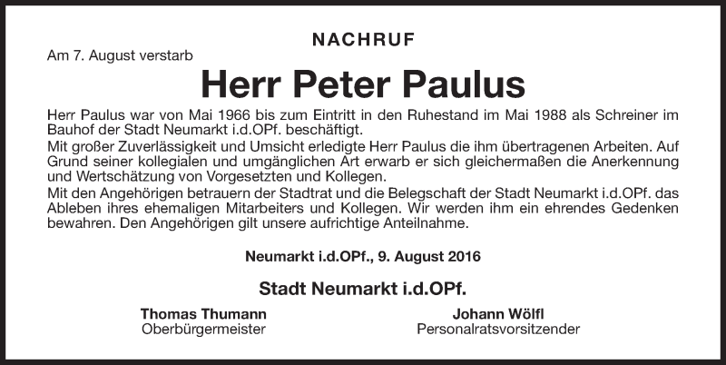 Traueranzeigen von Peter Paulus | trauer.nn.de