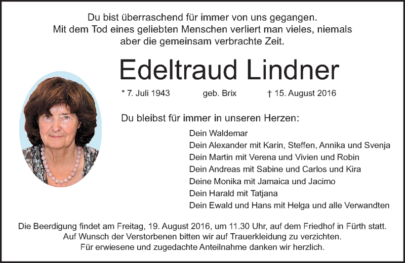 Traueranzeigen von Edeltraud Lindner | trauer.nn.de
