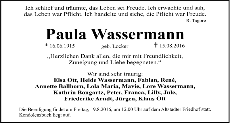 Traueranzeigen von Paula Wassermann | trauer.nn.de