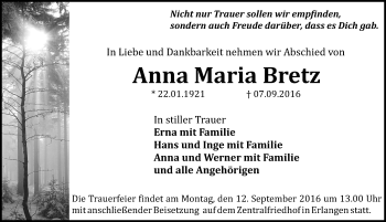 Traueranzeigen von Anna Maria Bretz | trauer.nn.de