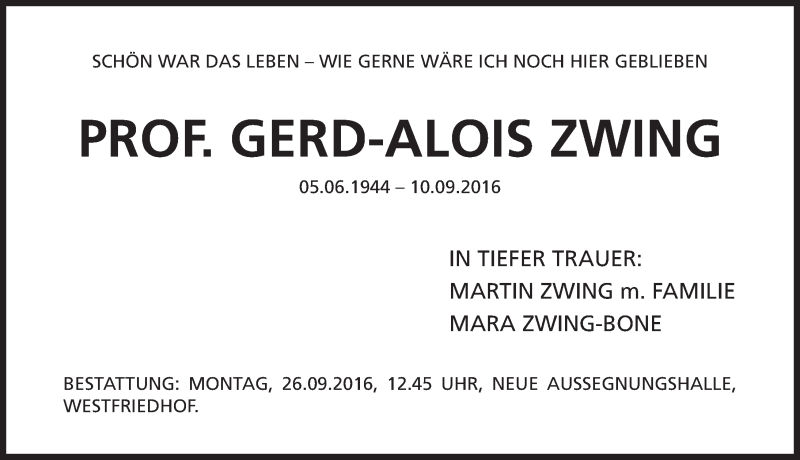 Traueranzeigen von Gerd-Alois Zwing | trauer.nn.de