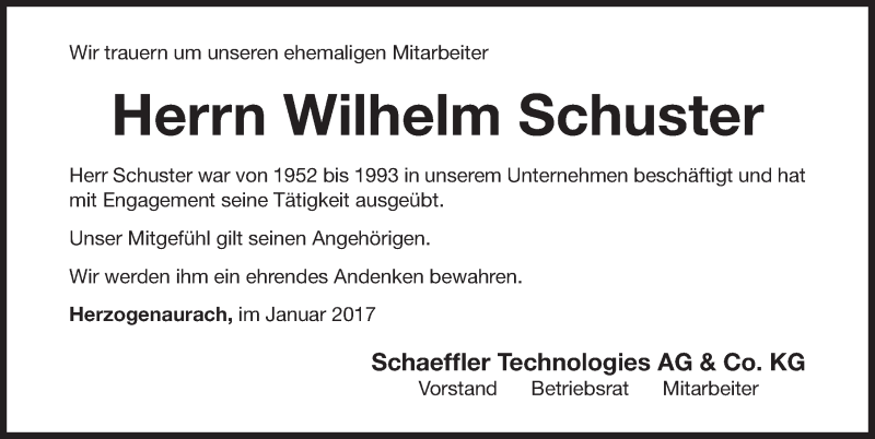 Traueranzeigen von Wilhelm Schuster | trauer.nn.de
