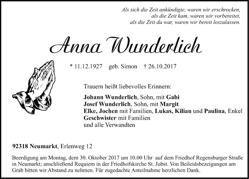 Traueranzeigen von Anna Wunderlich | trauer.nn.de