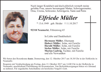 Traueranzeigen von Elfriede Müller | trauer.nn.de
