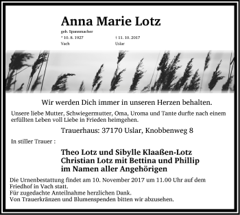 Traueranzeigen von Anna Marie Lotz | trauer.nn.de