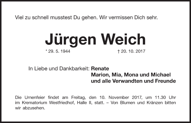 Traueranzeigen von Jürgen Weich | trauer.nn.de
