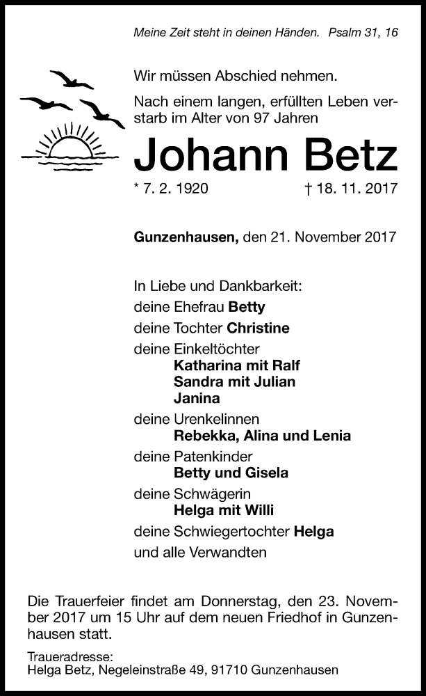 Traueranzeigen von Johann Betz | trauer.nn.de