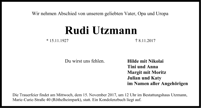 Traueranzeigen von Rudi Utzmann | trauer.nn.de