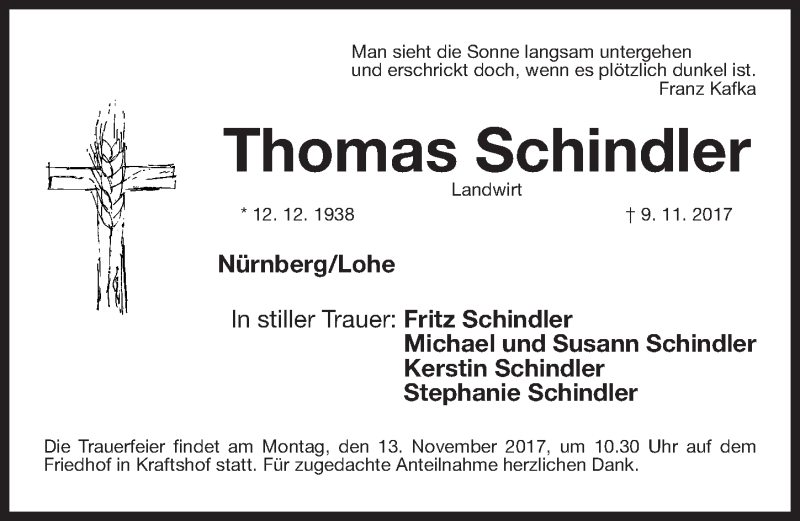 Traueranzeigen von Thomas Schindler | trauer.nn.de