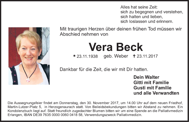 Traueranzeigen von Vera Beck | trauer.nn.de