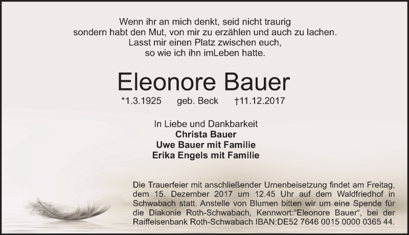 Traueranzeigen von Eleonore Bauer | trauer.nn.de