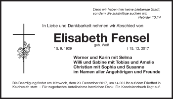 Traueranzeigen von Elisabeth Fensel | trauer.nn.de