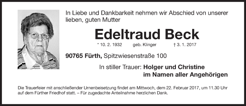 Traueranzeigen von Edeltraud Beck | trauer.nn.de