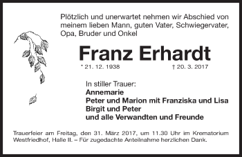 Traueranzeigen von Franz Erhardt | trauer.nn.de