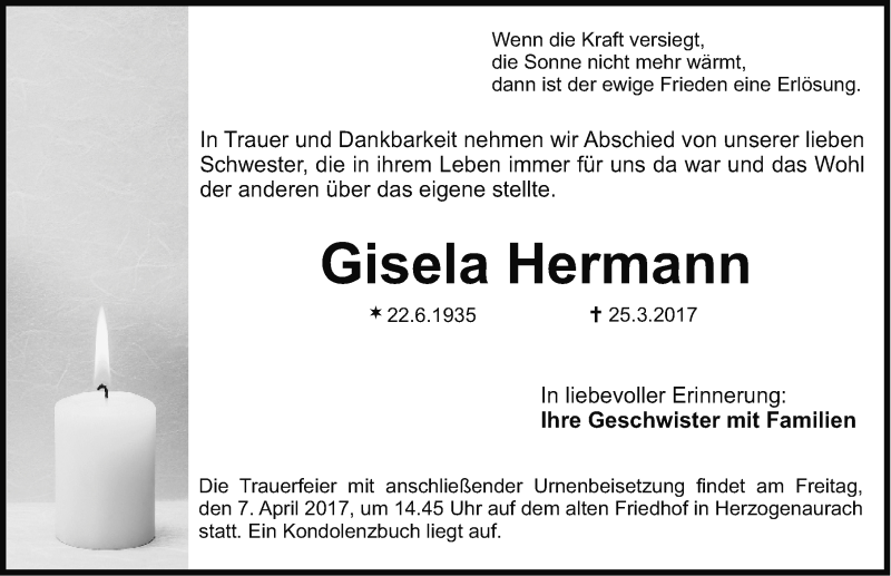Traueranzeigen von Gisela Hermann | trauer.nn.de