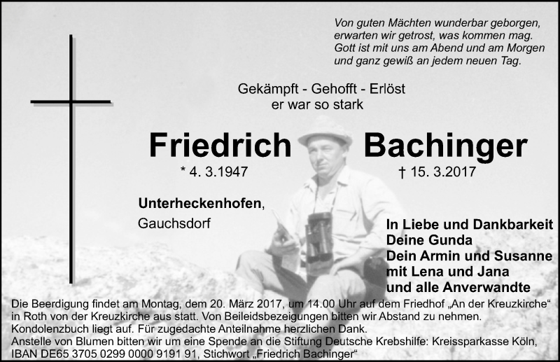 Traueranzeigen von Friedrich Bachinger | trauer.nn.de