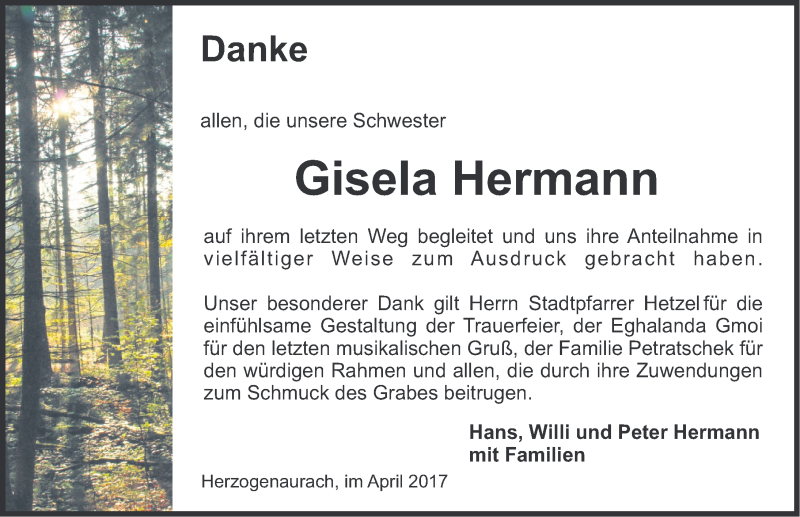 Traueranzeigen von Gisela Hermann | trauer.nn.de