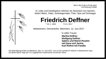 Traueranzeigen von Friedrich Deffner | trauer.nn.de
