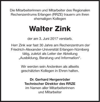 Traueranzeigen von Walter Zink | trauer.nn.de