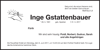 Traueranzeigen von Inge Gstattenbauer | trauer.nn.de