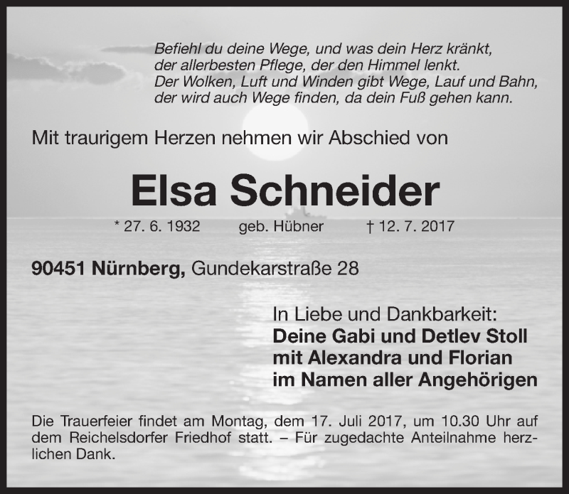 Traueranzeigen von Elsa Schneider | trauer.nn.de
