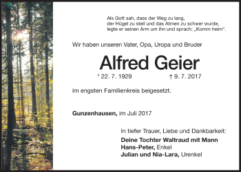 Traueranzeigen von Alfred Geier | trauer.nn.de