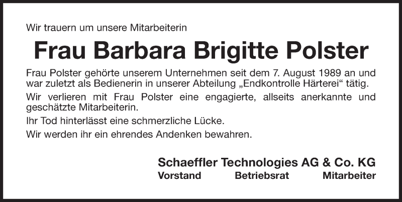 Traueranzeigen von Brigitte Polster | trauer.nn.de