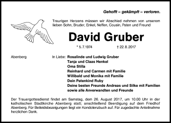 Traueranzeigen von David Gruber | trauer.nn.de