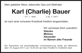 Traueranzeigen von Karl Charlie Bauer | trauer.nn.de
